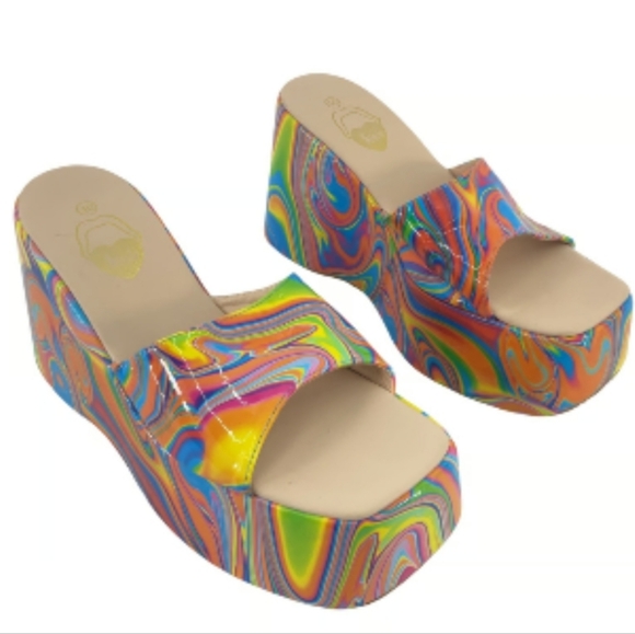 SHEIN | Shoes | Shein Multicolor Rainbow Marbled Print Platform Slide ...